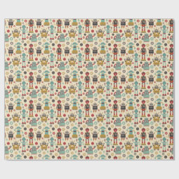 Fun Retro Robots Illustrated Pattern (Cream) Wrapping Paper | Zazzle
