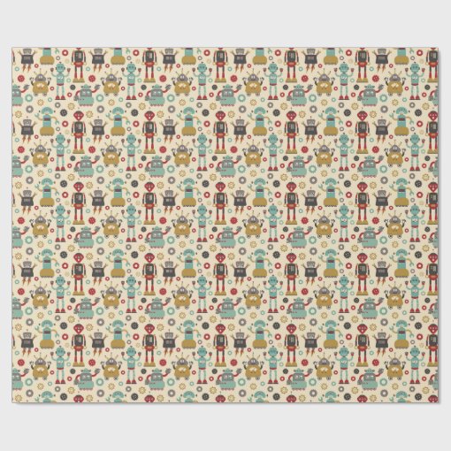 Fun Retro Robots Illustrated Pattern (Cream) Wrapping Paper | Zazzle
