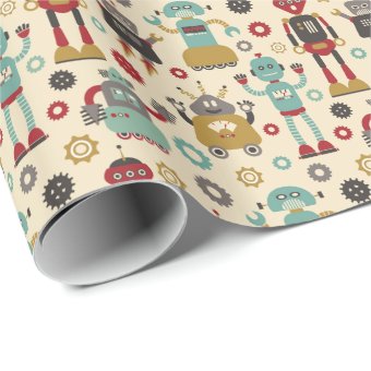 Fun Retro Robots Illustrated Pattern (Cream) Wrapping Paper | Zazzle