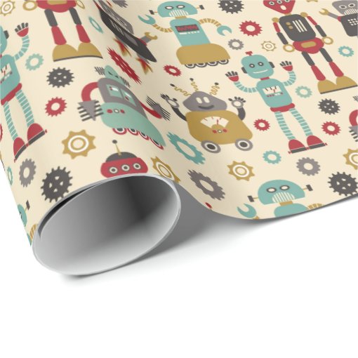 Fun Retro Robots Illustrated Pattern (Cream) Wrapping Paper | Zazzle