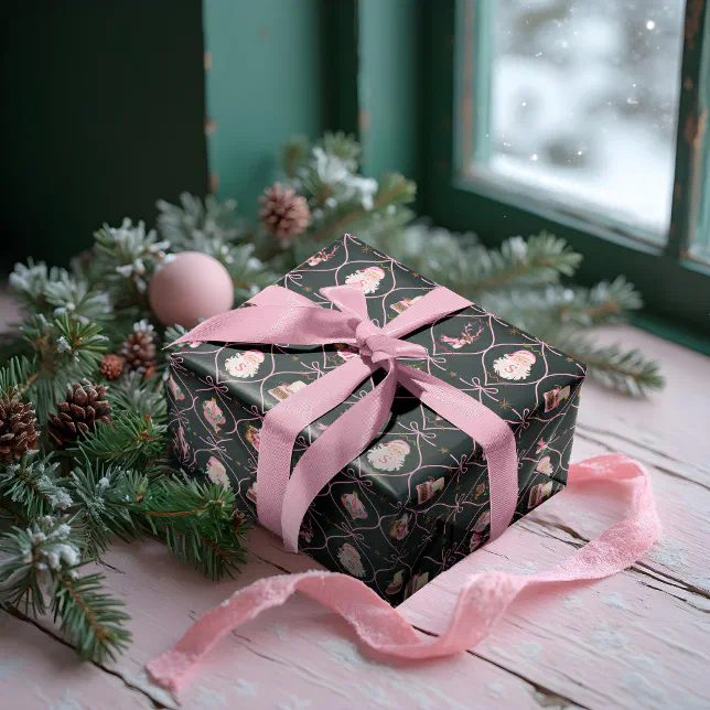 Fun Retro Vintage Christmas Pink Ribbon Watercolor Wrapping Paper | Zazzle
