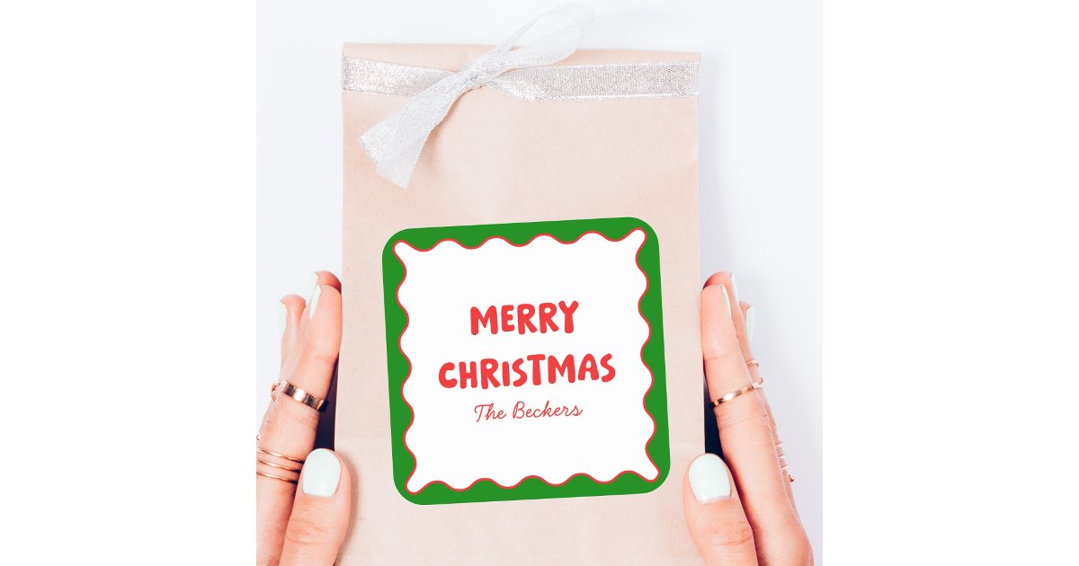 Fun Retro Wavy Red and Green Custom Chic Christmas Square Sticker | Zazzle