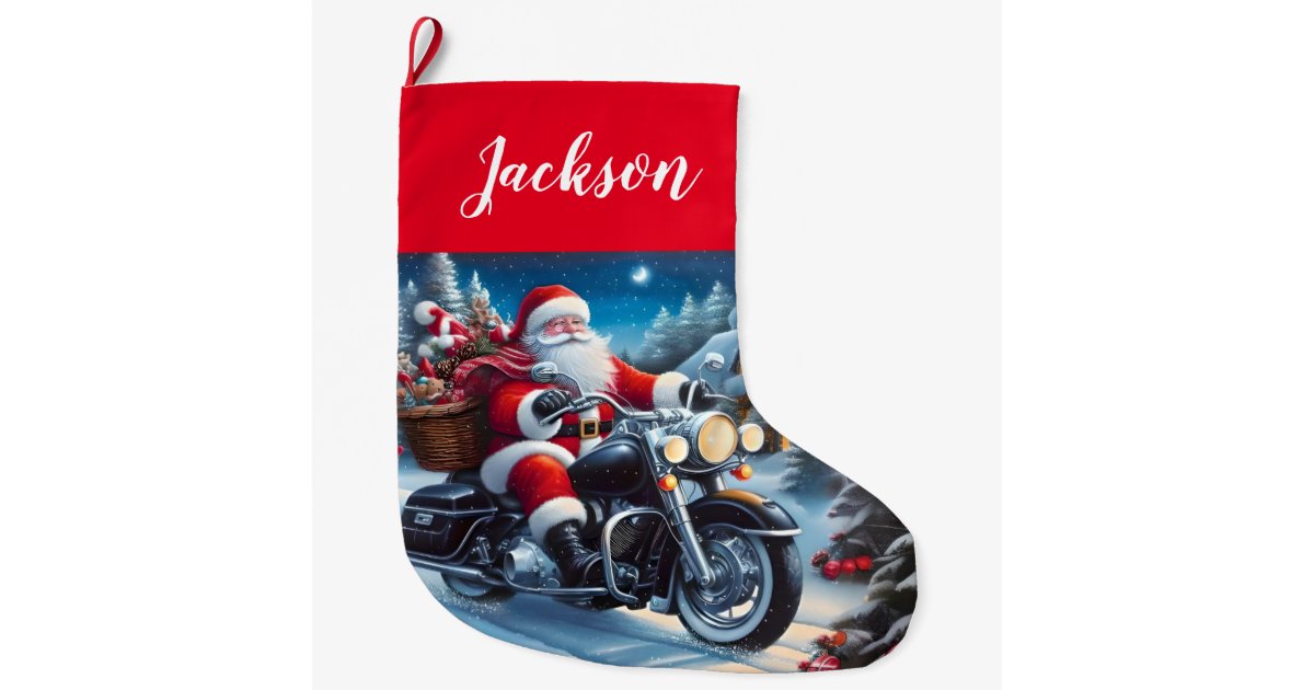 Fun Santa Claus Riding a Motorcycle Large Christmas Stocking | Zazzle