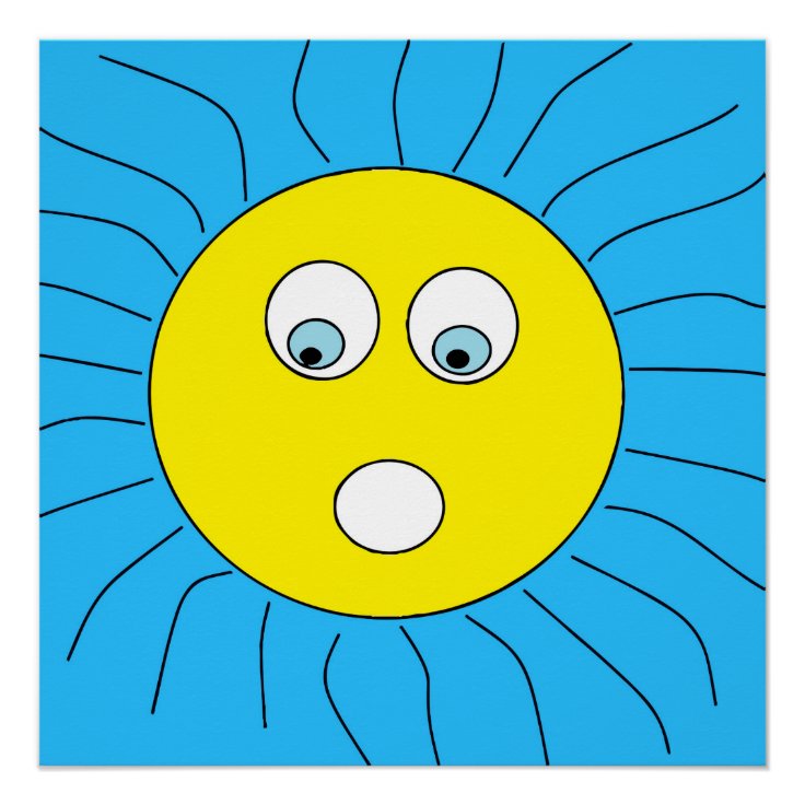 Fun Scared Expression Sun Face Drawing Blue Poster | Zazzle
