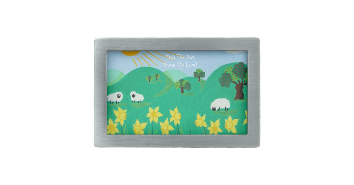 fun scenic illustration of cute sheep belt buckle | Zazzle