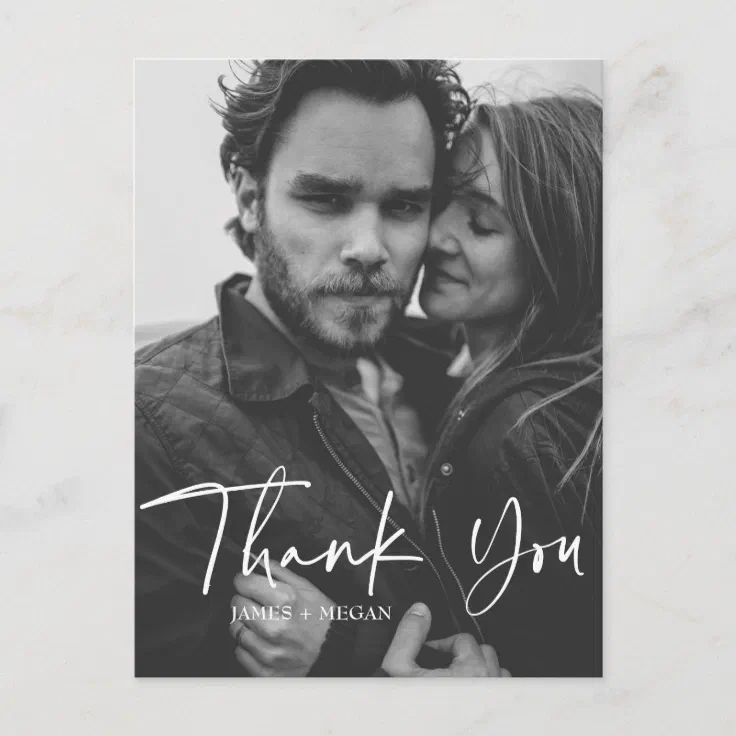 Fun Script Calligraphy Photo Wedding Thank You Postcard | Zazzle