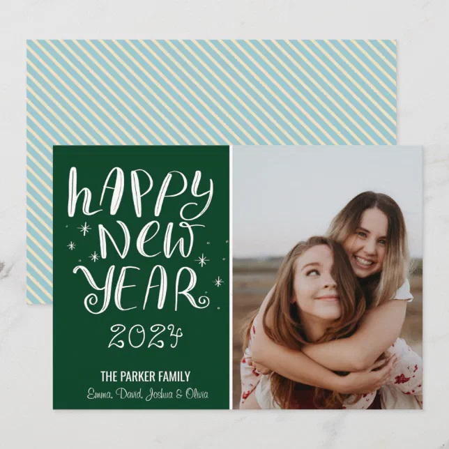 Fun Script Happy New Year Photo Cute Green Stripe Holiday Card | Zazzle