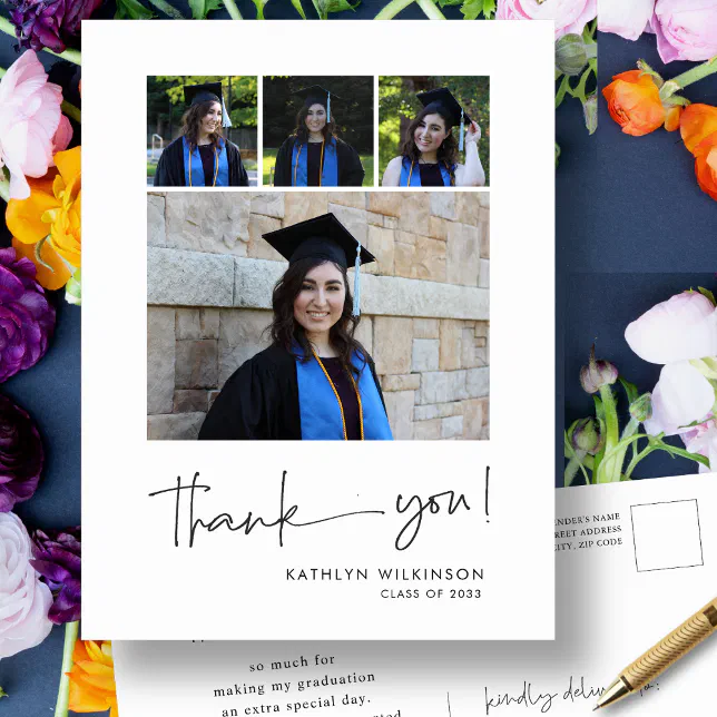 Fun Script Modern 4 Photo Graduation Thank You Postcard | Zazzle