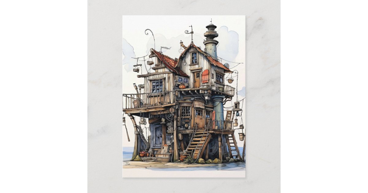 Fun Seaside Shack Art Postcard | Zazzle