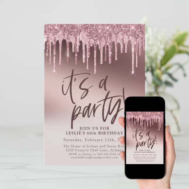 Fun Sixty It's a Party Pink Glitter 60th Birthday Invitation | Zazzle