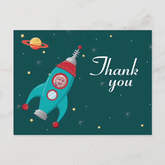 Fun space rocket birthday thank you photo postcard | Zazzle