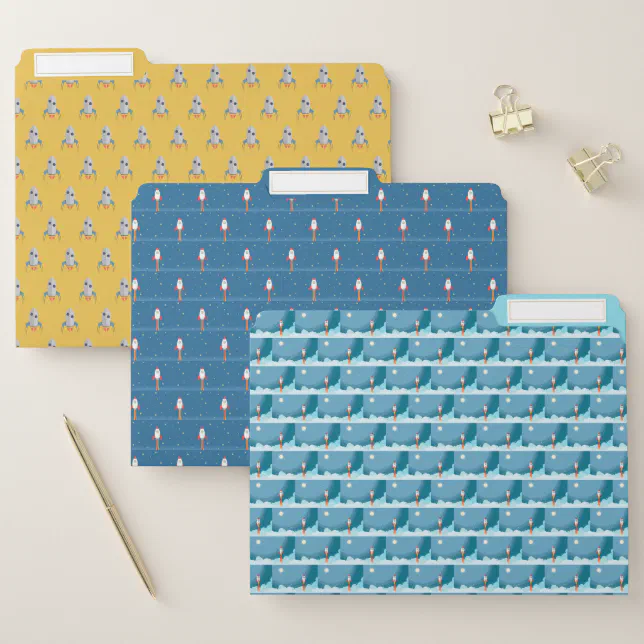 Fun Space Rocket Ship Yellow Blue Set File Folder | Zazzle
