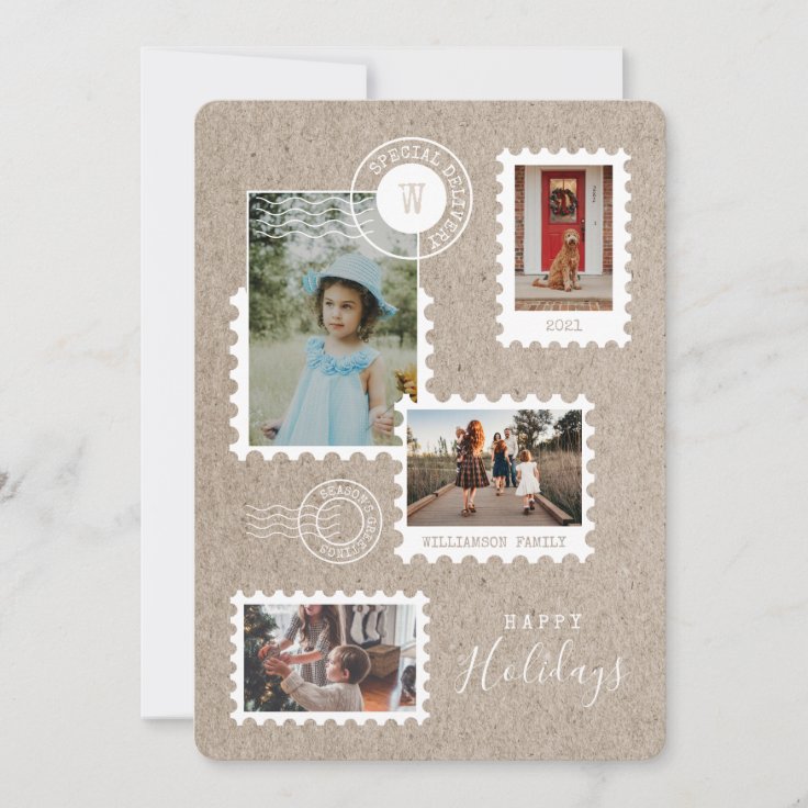 Fun Special Delivery Postage Stamps Photo Collage Holiday Card | Zazzle