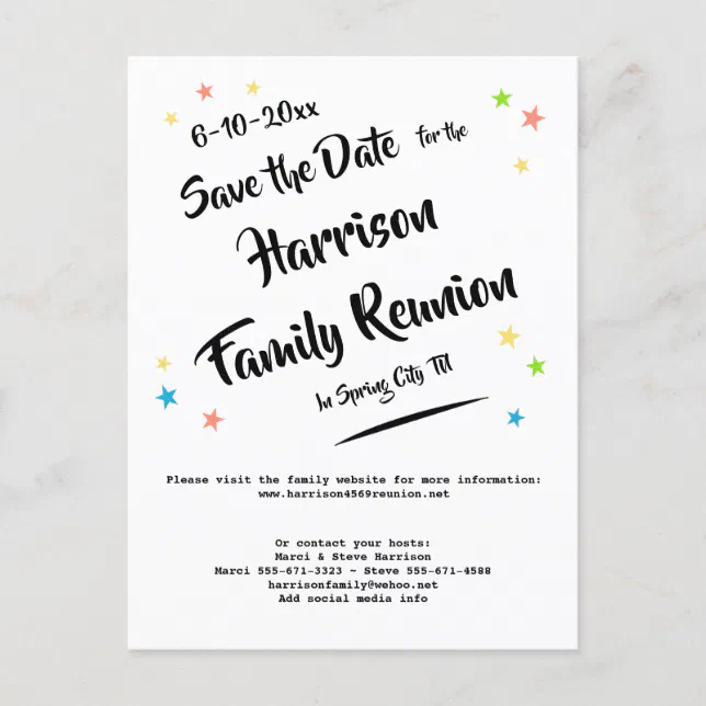 Fun Stars Family Reunion or Party Save the Date Announcement Postcard ...