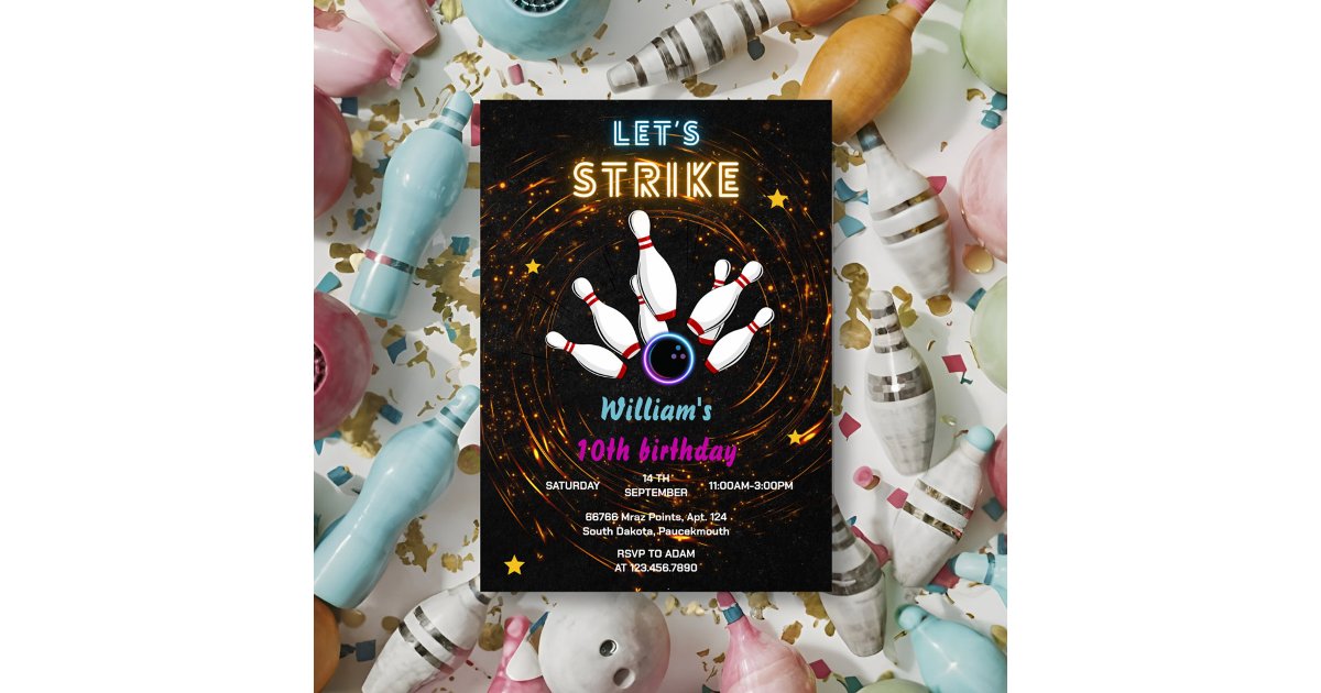 Fun Strike cool blue sports Bowling 10th Birthday Invitation | Zazzle