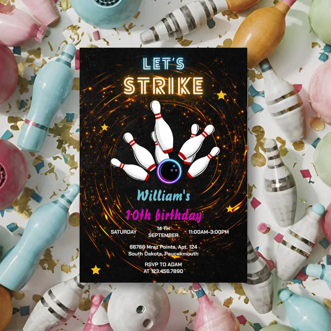 Fun Strike cool blue sports Bowling 10th Birthday Invitation | Zazzle