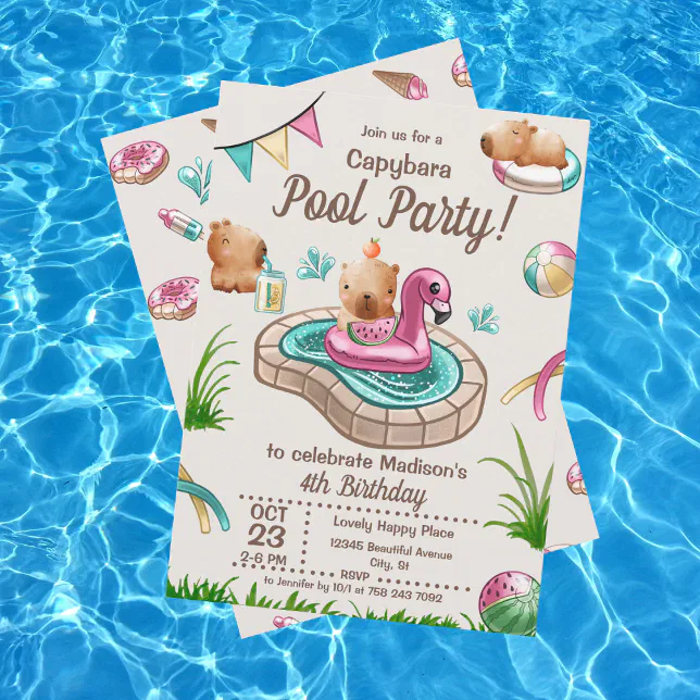 Fun Summer Capybara Pool Party Invitation | Zazzle