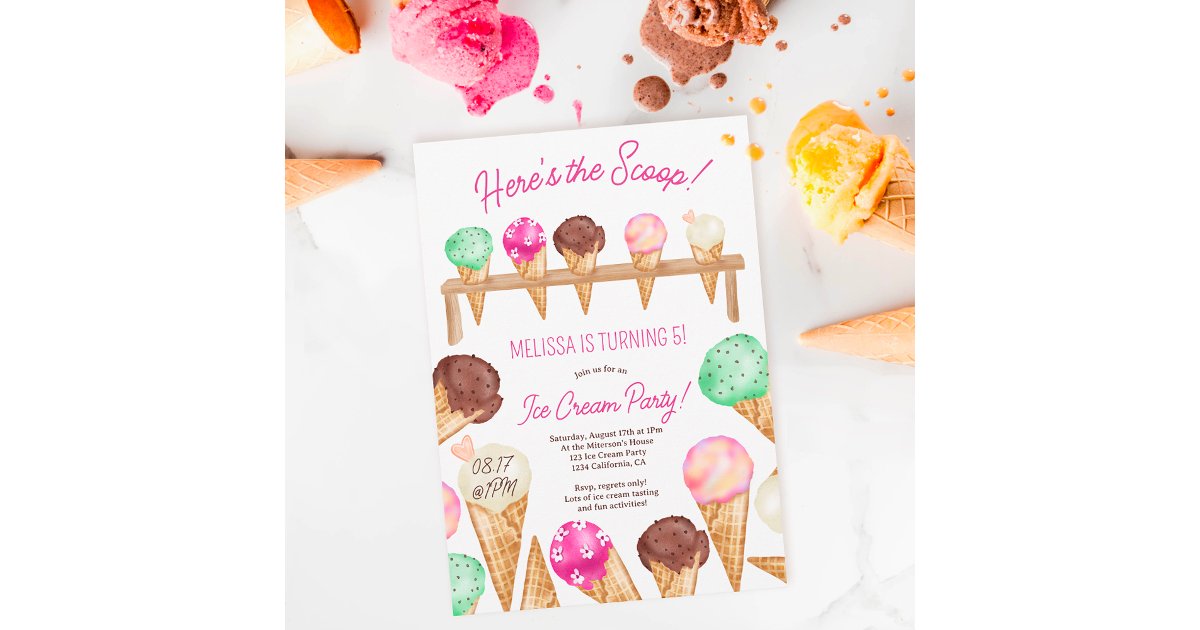 Fun summer Here's the scoop ice cream birthday Invitation | Zazzle