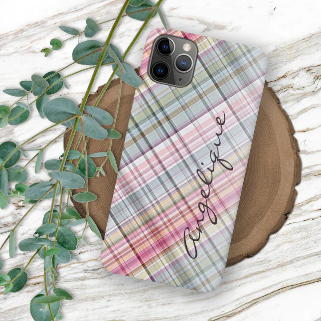 Fun Summer Pink Blue Mint Green Plaid Pattern iPhone Case | Zazzle