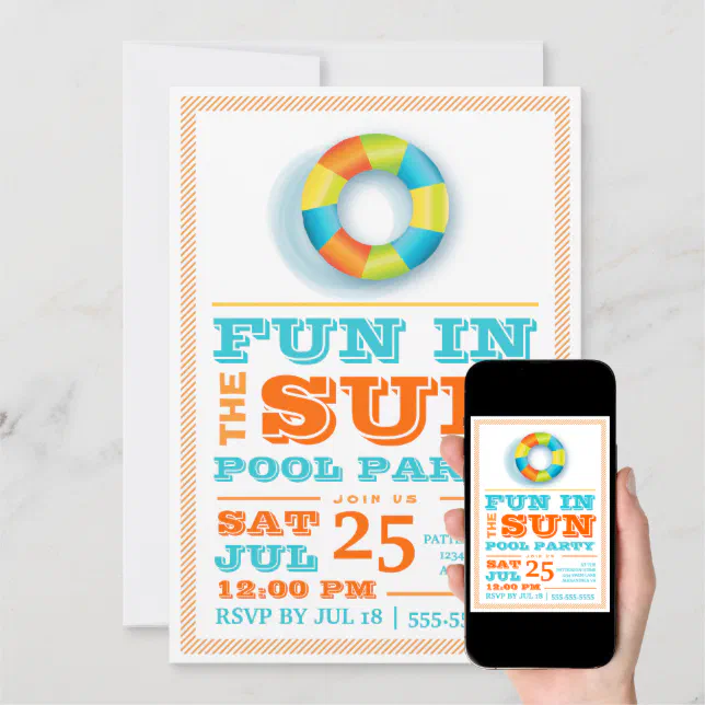 Fun Sun Pool Party Colorful Retro Invitation | Zazzle