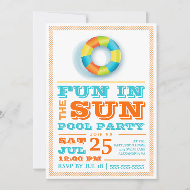 Fun Sun Pool Party Colorful Retro Invitation | Zazzle