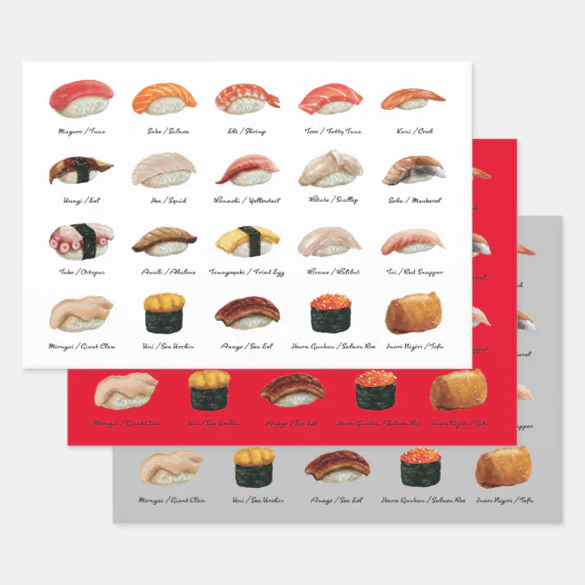 Fun Sushi Chart Trio Wrapping Paper Sheets | Zazzle