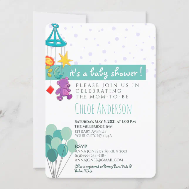 Fun Teal and Purple Mobile Baby Shower Invitation | Zazzle