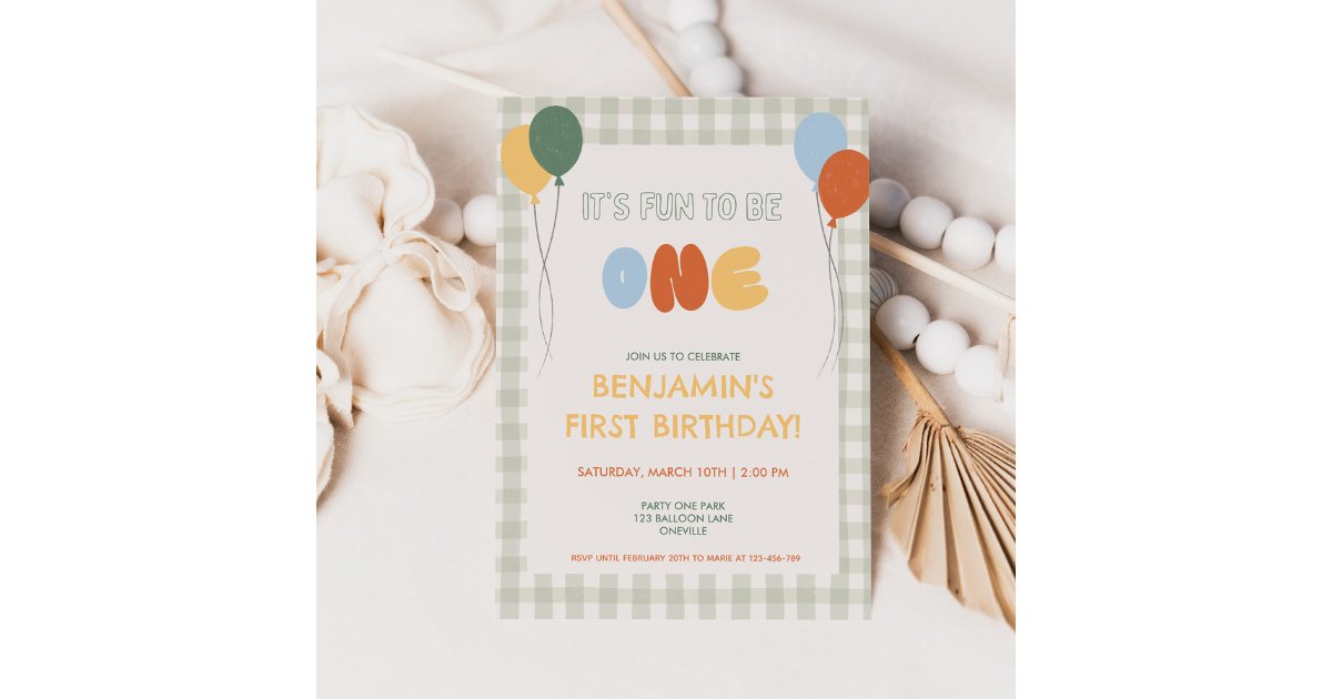 Fun to be ONE Colorful Green Gingham 1st Birthday Invitation | Zazzle