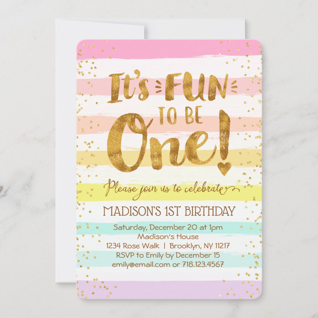 Fun to Be One Girls 1st Birthday Rainbow Gold Invitation | Zazzle