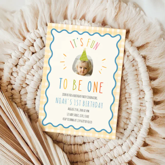 Fun To Be One Photo Yellow Gingham 1st Birthday Invitation | Zazzle
