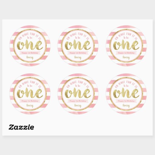 Fun to Be One Pink and Gold First Birthday Party Classic Round Sticker ...