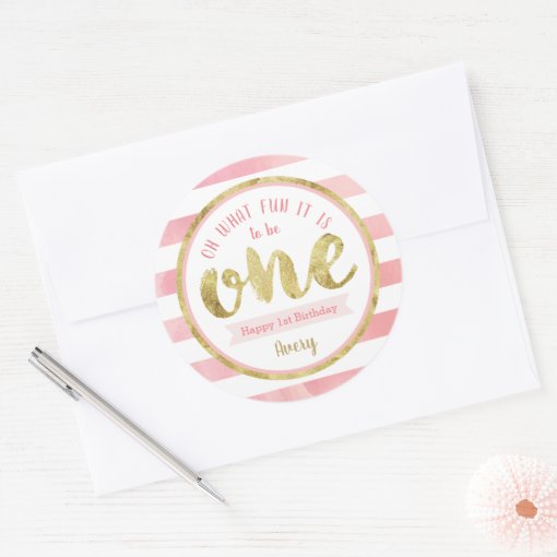 Fun to Be One Pink and Gold First Birthday Party Classic Round Sticker ...