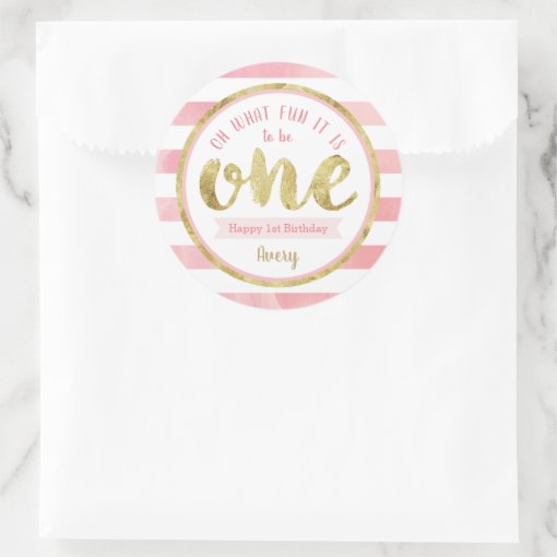Fun to Be One Pink and Gold First Birthday Party Classic Round Sticker ...