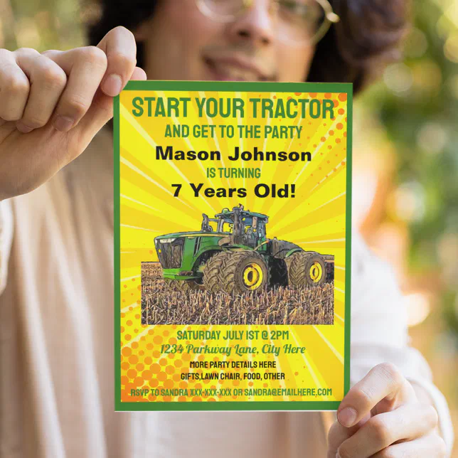 Fun Tractor Birthday Kid's Farm Equipment Yellow Invitation | Zazzle
