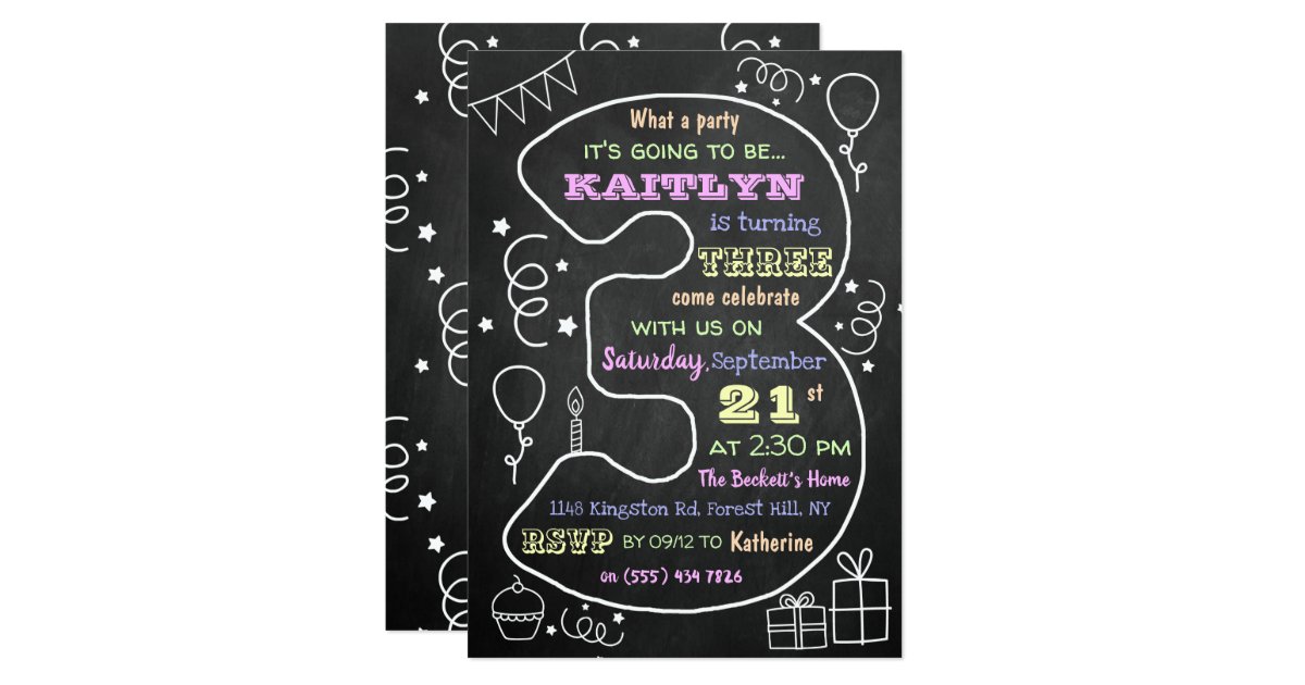 Fun & Trendy Calkboard 3rd Birthday Invitations | Zazzle.com