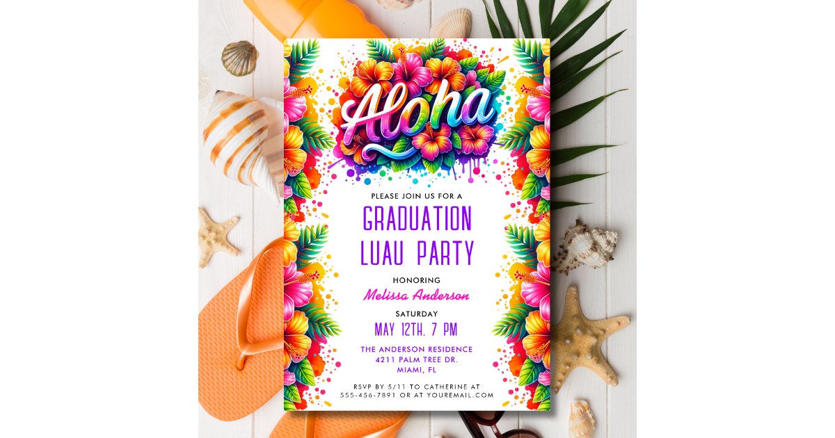 Fun Tropical Aloha Graduation Luau Party Invitation | Zazzle