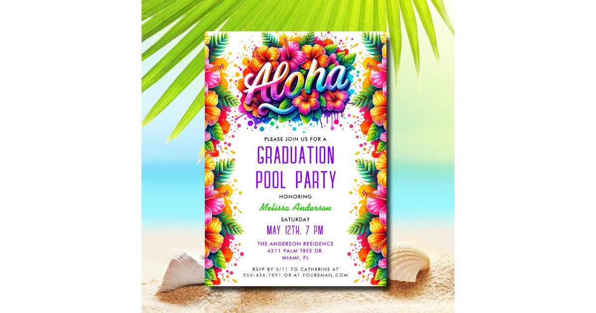 Fun Tropical Aloha Graduation Pool Party Invitation | Zazzle