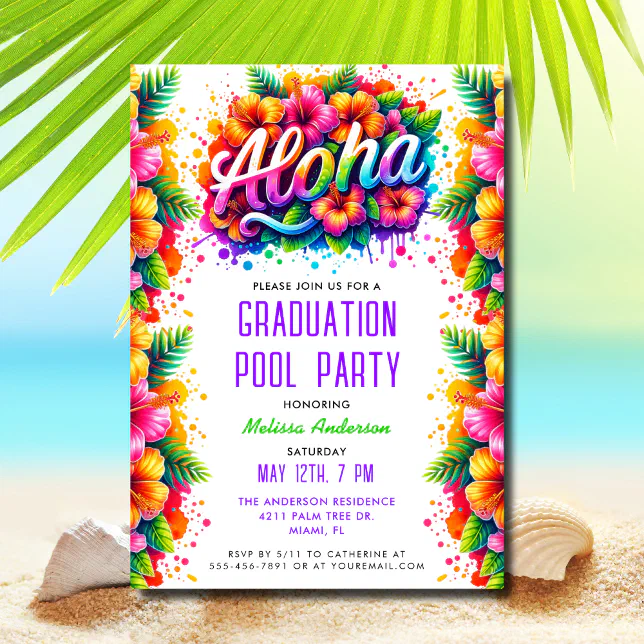 Fun Tropical Aloha Graduation Pool Party Invitation | Zazzle