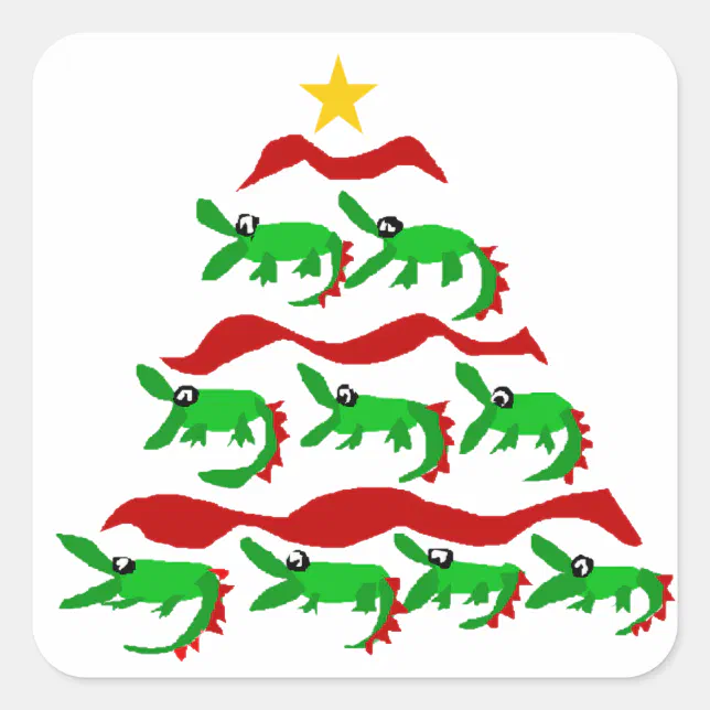 Fun Unique Alligator Art Christmas Tree Square Sticker | Zazzle
