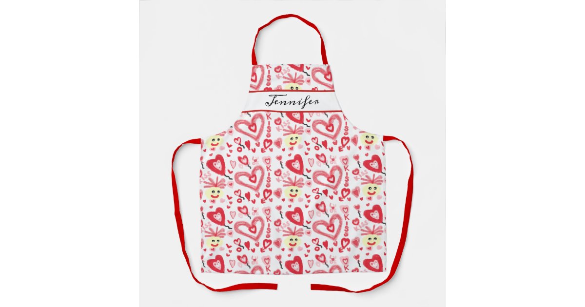 Fun Valentines Red Pink Heart Doodle Personalized Apron | Zazzle