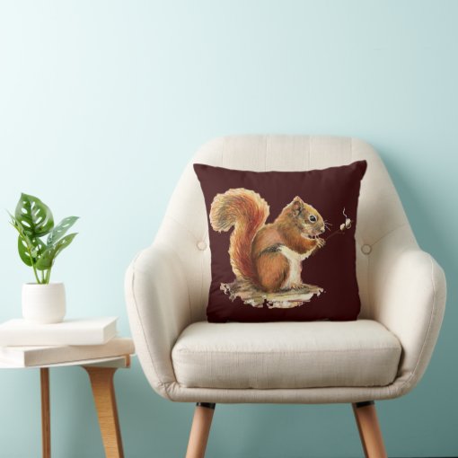Fun Watercolor Red Squirrel roasting Marshmallows Throw Pillow | Zazzle