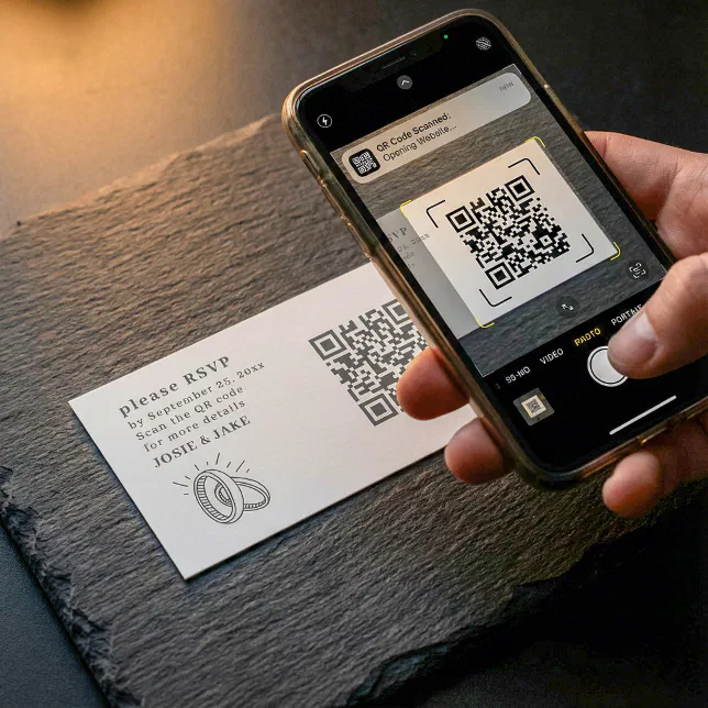 Fun Wedding Rings Illustration RSVP QR Code Enclosure Card | Zazzle