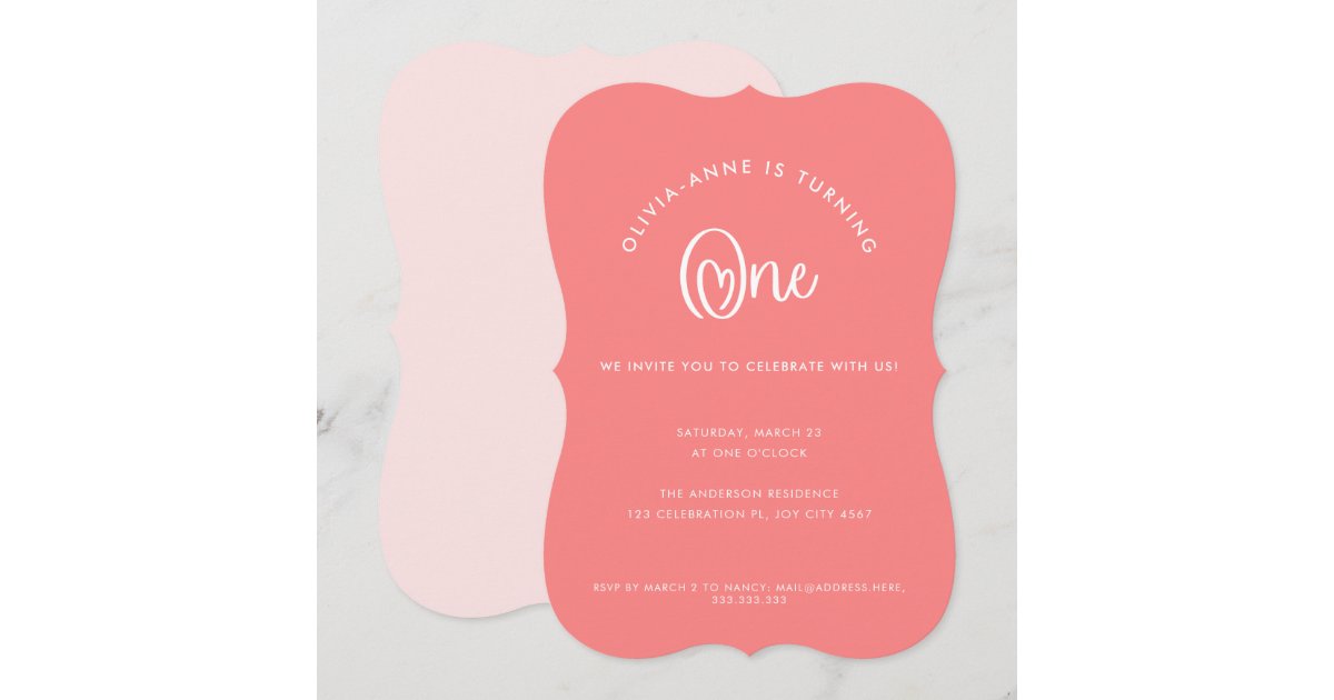 Fun Whimsical Pink Heart Script First Birthday Invitation | Zazzle