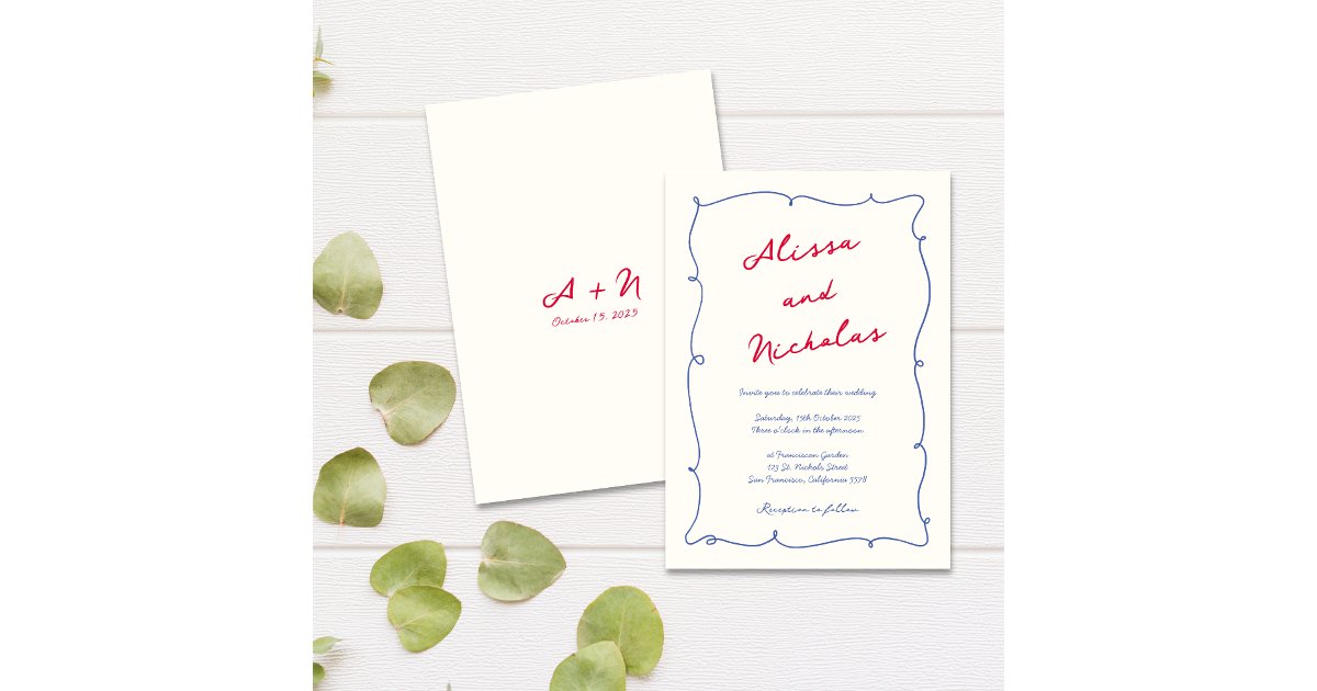 Fun Whimsical Wavy Border Monogram Wedding Invitation | Zazzle