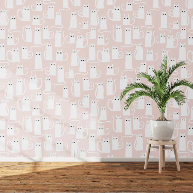 Fun White and Blush Pink Cat Pattern Wallpaper | Zazzle