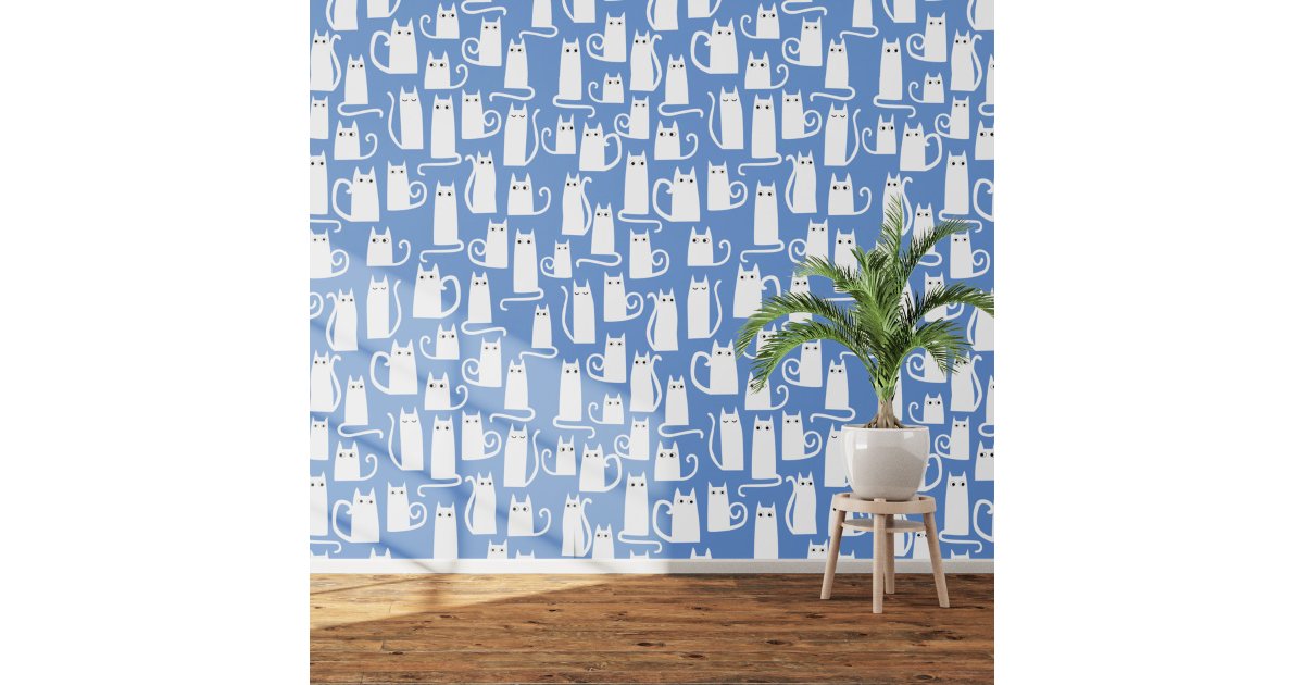 Fun White Cat Pattern on Blue Wallpaper | Zazzle