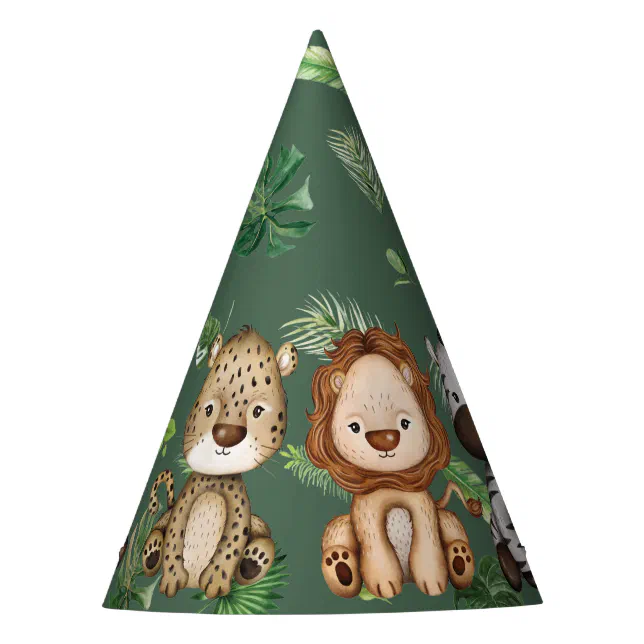 Fun Wild Jungle Safari Animals Greenery Birthday Party Hat | Zazzle