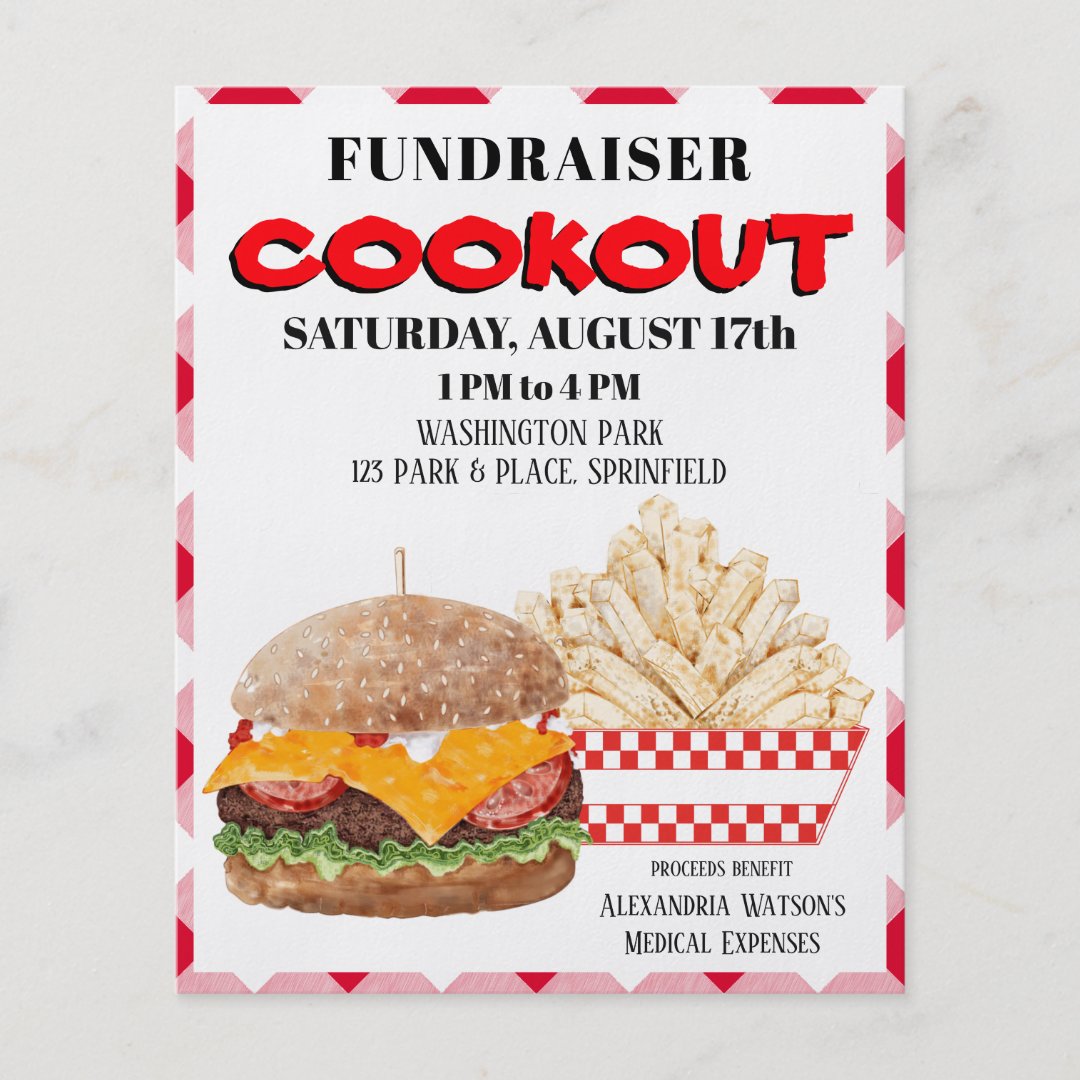 Fundraiser Cookout Barbecue Fast Food Gingham Flyer | Zazzle