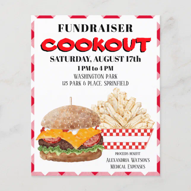 Fundraiser Cookout Barbecue Fast Food Gingham Flyer | Zazzle