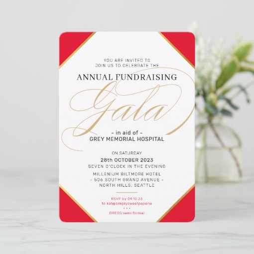 FUNDRAISING GALA BALL elegant event regal red gold Invitation | Zazzle